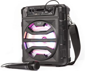 ijoy karaoke machine- bluetooth party speaker with microphone- led disco lights and voice changing effects- fm radio, rechargeable and portable with hd sound