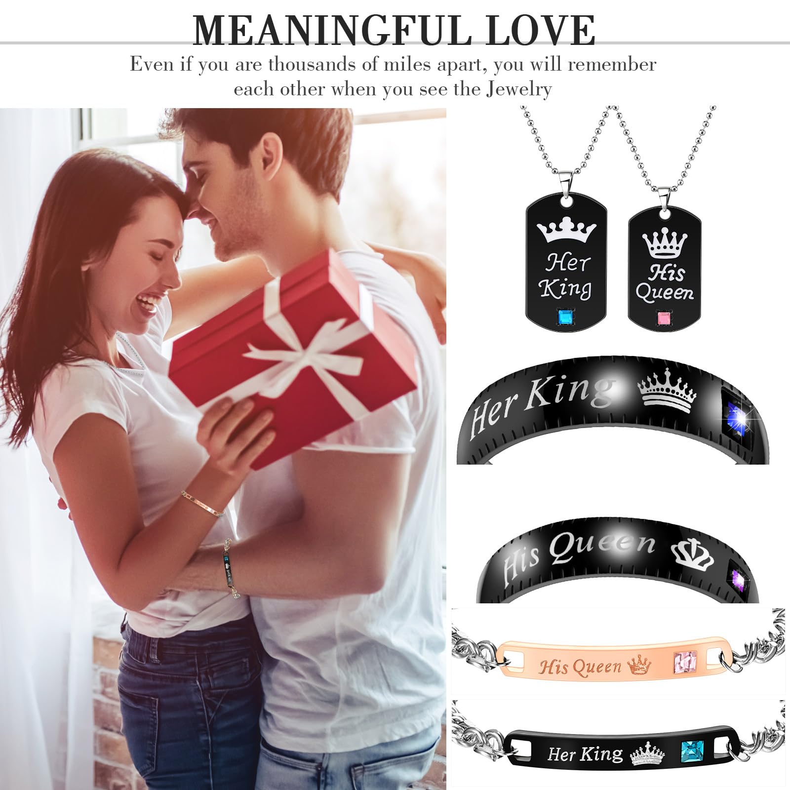 6 Pcs Couples Necklace Bracelet and Ring Set, Includes Necklaces for Him and Her Love Heart Pendant His Queen Her King (Heart Style, Metal)