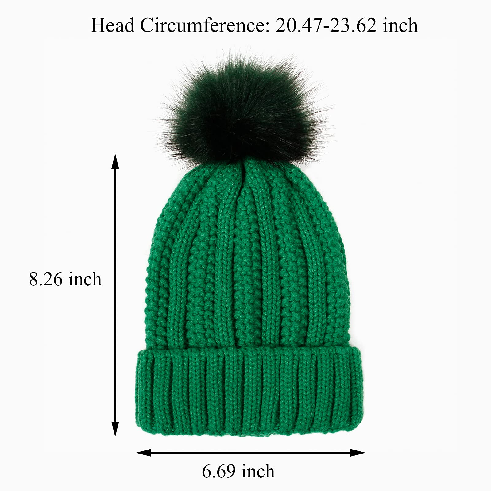 Muryobao Women Satin Lined Beanie Hat Knit Cuffed Warm Winter Hats Faux Fur Pom Pom Silk Lining Slouchy Skull Cap Green