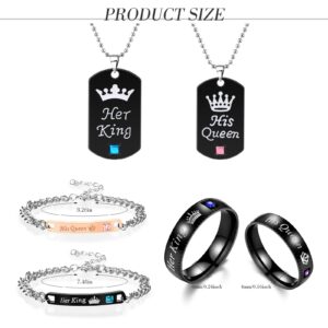 6 Pcs Couples Necklace Bracelet and Ring Set, Includes Necklaces for Him and Her Love Heart Pendant His Queen Her King (Heart Style, Metal)