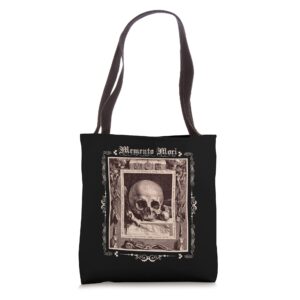 memento mori skull hourglass gothic witchy dark academia tote bag