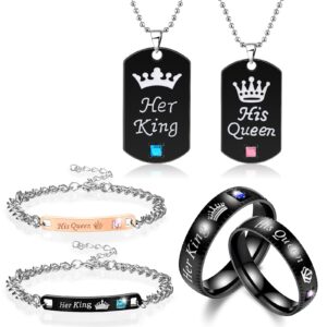 6 pcs couples necklace bracelet and ring set, includes necklaces for him and her love heart pendant his queen her king (heart style, metal)