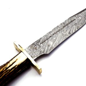 Skokie Knives Damascus Steel Bowie Knife Bull Horn Handle with & Brass Guard –16” Handmade Premium Quality Sharp Edge Fix Blade -Genuine Multipurpose Knife Ideal for Hunting, Camping (Stage B)