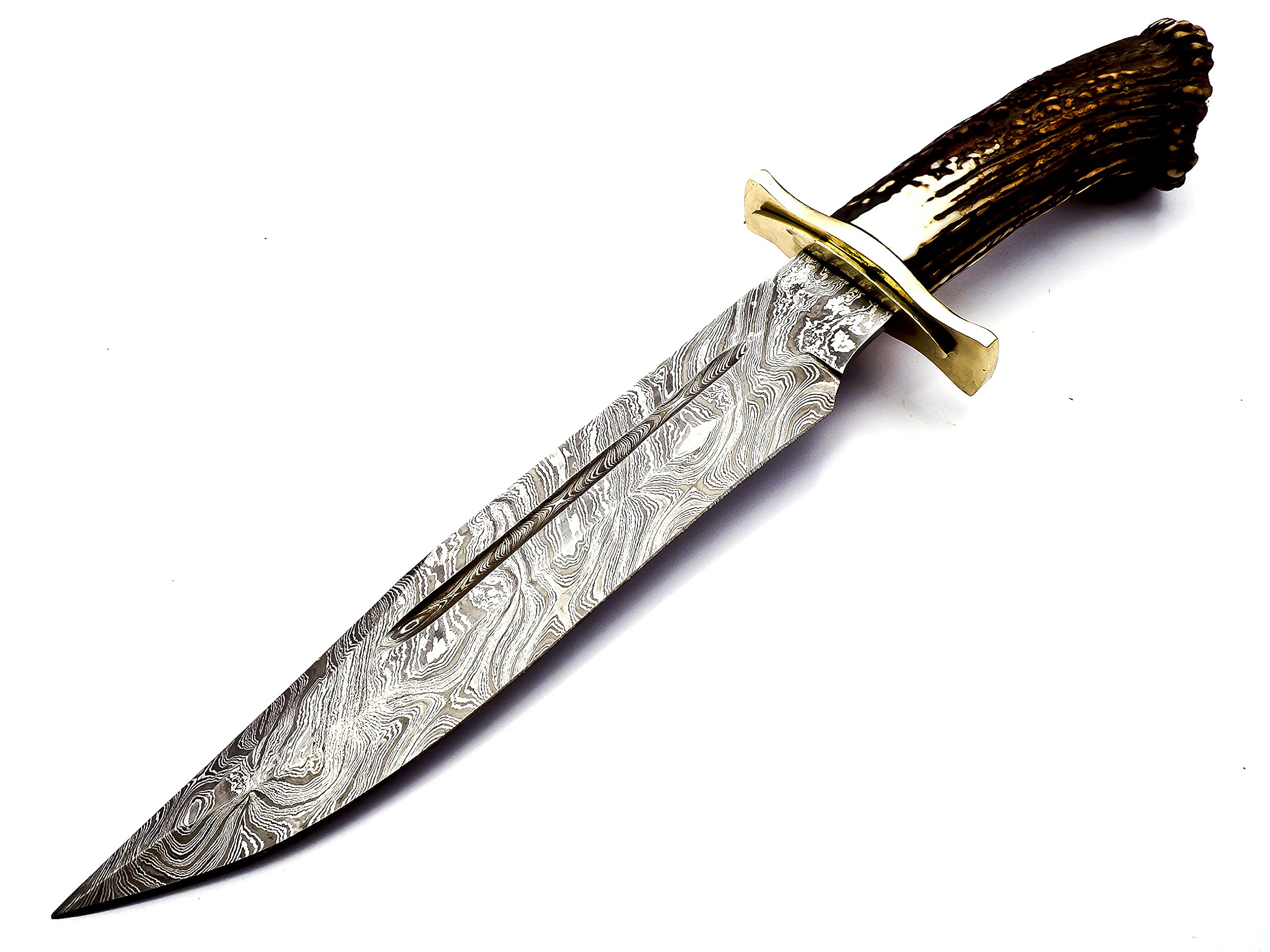 Skokie Knives Damascus Steel Bowie Knife Bull Horn Handle with & Brass Guard –16” Handmade Premium Quality Sharp Edge Fix Blade -Genuine Multipurpose Knife Ideal for Hunting, Camping (Stage B)