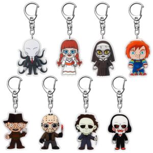 laffact 8pcs horror classic movie characters halloween acrylic keyring accessories for keys wallets backpack scary movies figure pendant hanging key chain decorations with rotatable link for gift