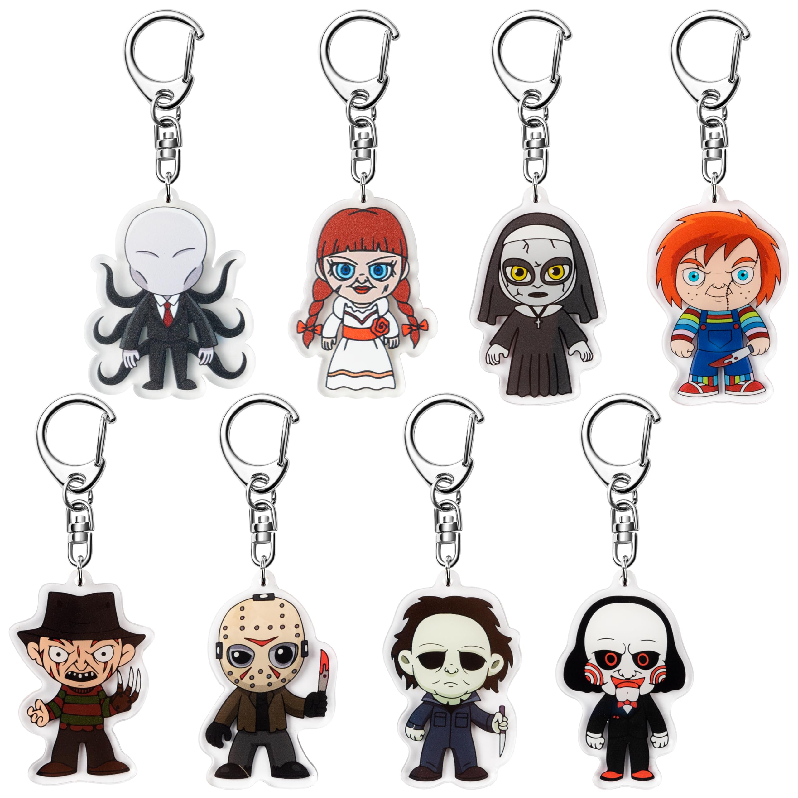 laffact 8Pcs Horror Classic Movie Characters Halloween Acrylic Keyring Accessories for Keys Wallets Backpack Scary Movies Figure Pendant Hanging Key Chain Decorations with Rotatable Link for Gift