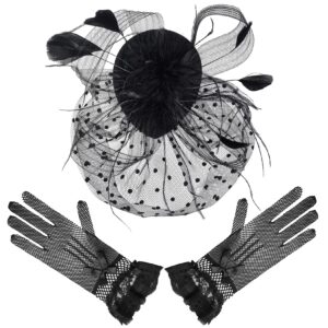 heliltd fascinators hat for women 1950s vintage pillbox hat faux feather mesh net veil hat cocktail tea party headwear for halloween party and lace gloves black