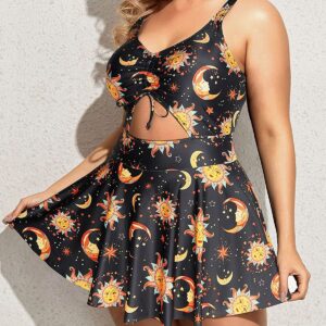 Yonique Women Plus Size One Piece Swimsuits with Skirt V Neck Swimdress Cutout Bathing Suits Sun Stars and Moon 18W