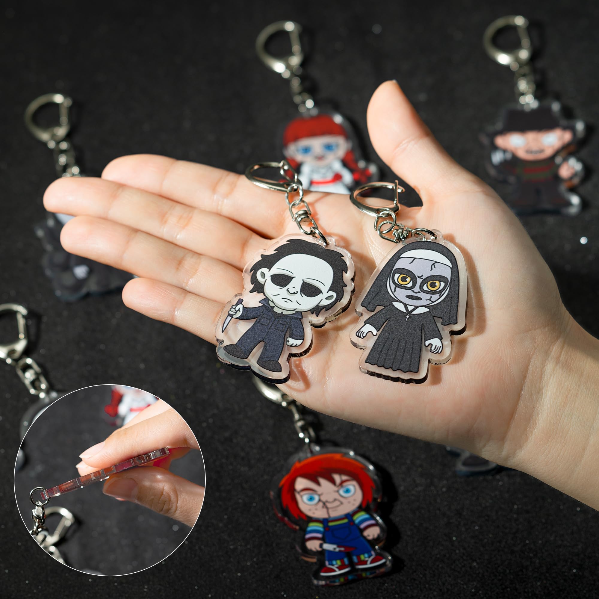 laffact 8Pcs Horror Classic Movie Characters Halloween Acrylic Keyring Accessories for Keys Wallets Backpack Scary Movies Figure Pendant Hanging Key Chain Decorations with Rotatable Link for Gift