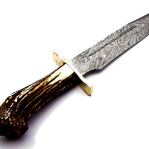 Skokie Knives Damascus Steel Bowie Knife Bull Horn Handle with & Brass Guard –16” Handmade Premium Quality Sharp Edge Fix Blade -Genuine Multipurpose Knife Ideal for Hunting, Camping (Stage B)