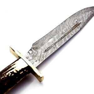 Skokie Knives Damascus Steel Bowie Knife Bull Horn Handle with & Brass Guard –16” Handmade Premium Quality Sharp Edge Fix Blade -Genuine Multipurpose Knife Ideal for Hunting, Camping (Stage B)