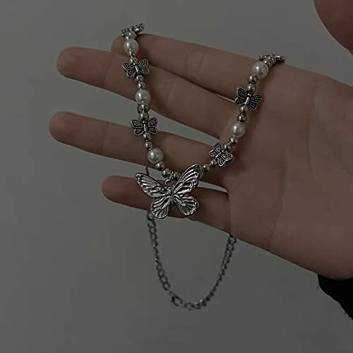 Grunge Butterfly Pearl Necklace Heavy Gothic Cyber Y2k Harajuku Necklace for Women Men