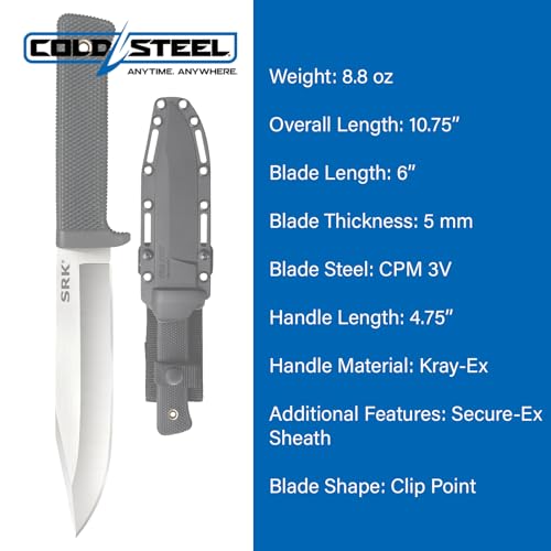 COLD STEEL SRK 6" CPM 3V Clip Point Razor-Sharp Blade 4.75" Kray-Ex Durable Handle Tactical Fixed Blade Knife w/Secure-Ex Sheath