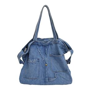 large-capacity canvas bag women's diagonal denim korean style large bag cloth bag student shoulder bag (light blue)