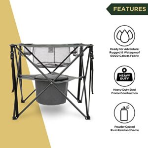 ARROWHEAD OUTDOOR 33.5” Portable Folding Tailgate Table, 4 Cup Holders, Food Basket, Insulated Cooler, No Sag Surface, Square, Carrying Case, Steel Frame, High-Grade 600D Canvas, USA-Based Support