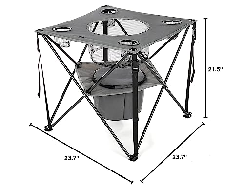 ARROWHEAD OUTDOOR 33.5” Portable Folding Tailgate Table, 4 Cup Holders, Food Basket, Insulated Cooler, No Sag Surface, Square, Carrying Case, Steel Frame, High-Grade 600D Canvas, USA-Based Support