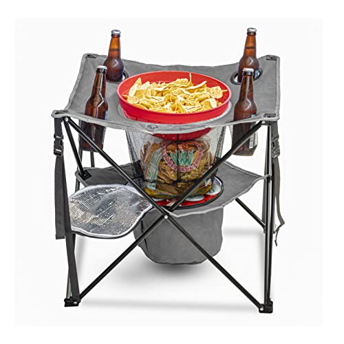 ARROWHEAD OUTDOOR 33.5” Portable Folding Tailgate Table, 4 Cup Holders, Food Basket, Insulated Cooler, No Sag Surface, Square, Carrying Case, Steel Frame, High-Grade 600D Canvas, USA-Based Support