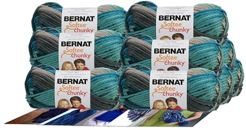 Bernat Yarn Softee Chunky Yarn - 12 Pack with Pattern Cards in Color (Deep Waters Ombre)