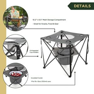 ARROWHEAD OUTDOOR 33.5” Portable Folding Tailgate Table, 4 Cup Holders, Food Basket, Insulated Cooler, No Sag Surface, Square, Carrying Case, Steel Frame, High-Grade 600D Canvas, USA-Based Support