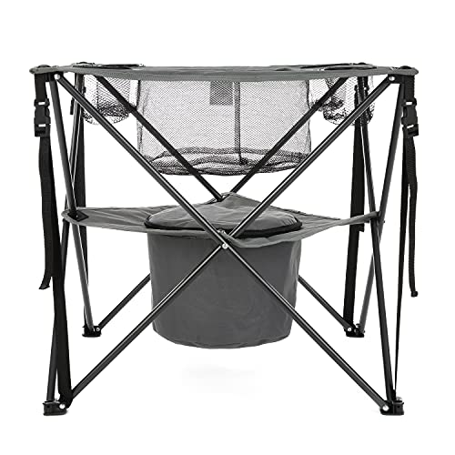 ARROWHEAD OUTDOOR 33.5” Portable Folding Tailgate Table, 4 Cup Holders, Food Basket, Insulated Cooler, No Sag Surface, Square, Carrying Case, Steel Frame, High-Grade 600D Canvas, USA-Based Support