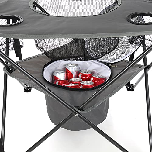 ARROWHEAD OUTDOOR 33.5” Portable Folding Tailgate Table, 4 Cup Holders, Food Basket, Insulated Cooler, No Sag Surface, Square, Carrying Case, Steel Frame, High-Grade 600D Canvas, USA-Based Support