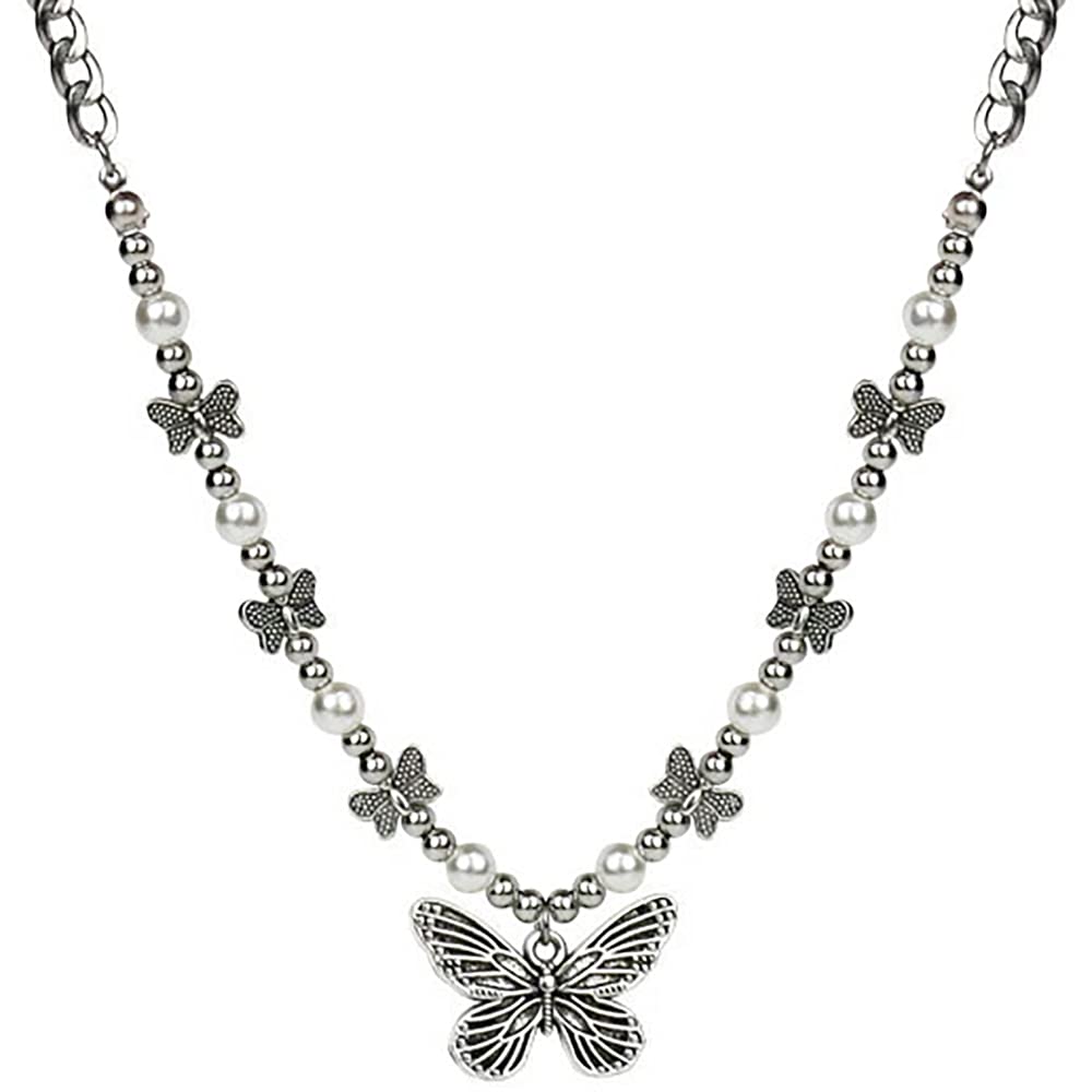 Grunge Butterfly Pearl Necklace Heavy Gothic Cyber Y2k Harajuku Necklace for Women Men