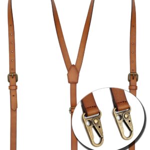 RC ROCKCOW Leather Suspenders for Men Y Back Design Adjustable Suspender with 3 Metal Snap Hooks Groomsmen Gift Wedding Brown