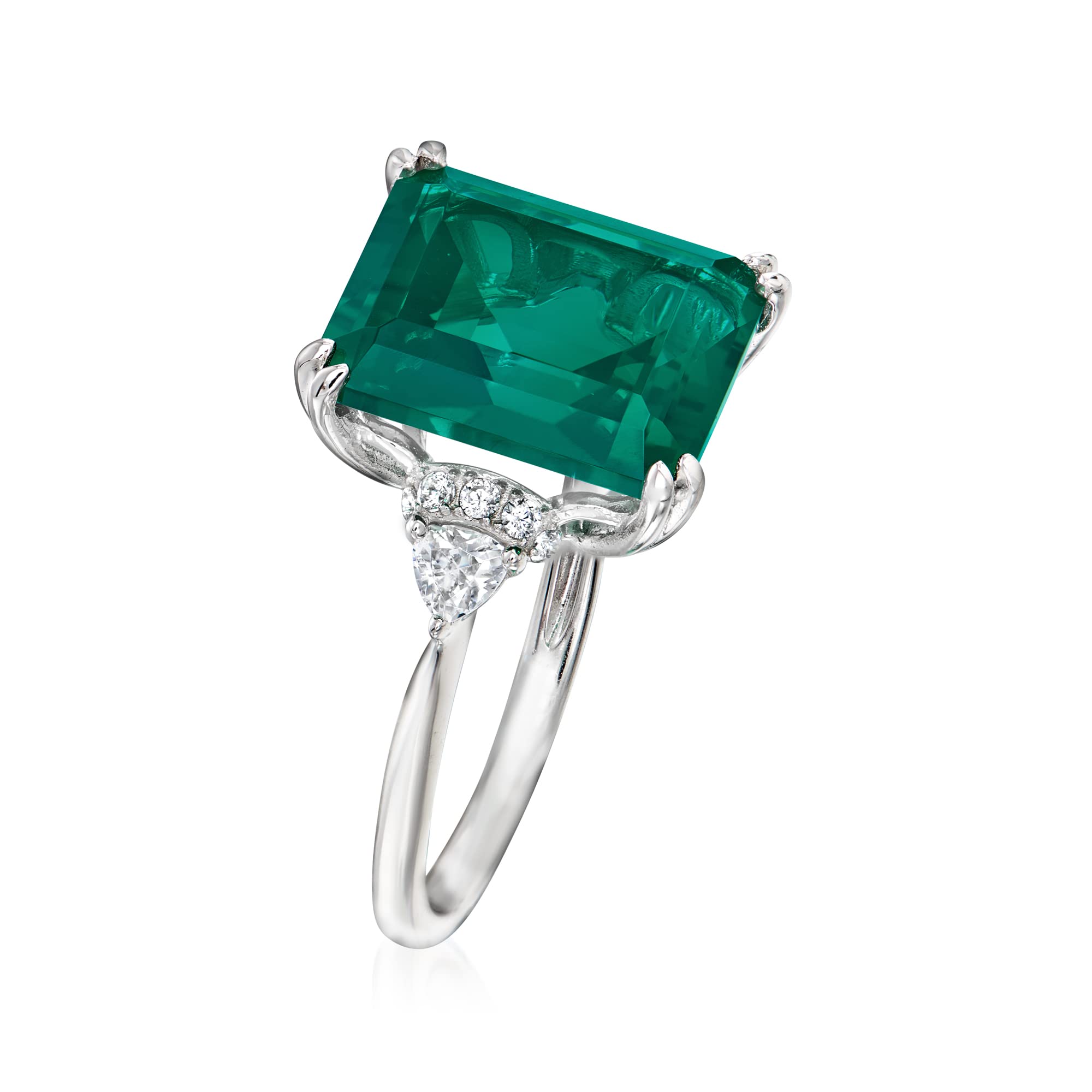 Ross-Simons 6.00 ct. t.w. Simulated Emerald and .19 ct. t.w. CZ Ring in Sterling Silver. Size 8