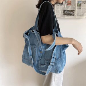 Large-capacity canvas bag women's diagonal denim Korean style large bag cloth bag student shoulder bag (Light blue)