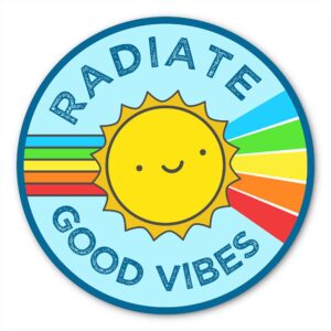 radiate good vibes rainbow sticker | spread positivity, friendship, equality, and fun with this vinyl decal on your laptop, car bumper, or hydro-flask (3 x 3 inch)