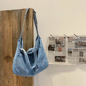 Large-capacity canvas bag women's diagonal denim Korean style large bag cloth bag student shoulder bag (Light blue)