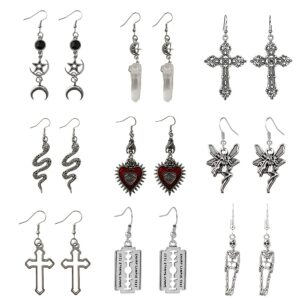 kurtcb gothic punk vintage earrings set grunge y2k jewelry fairy rock harajuku snake evil eye hear cross skeleton crystal dangle halloween earrings for women