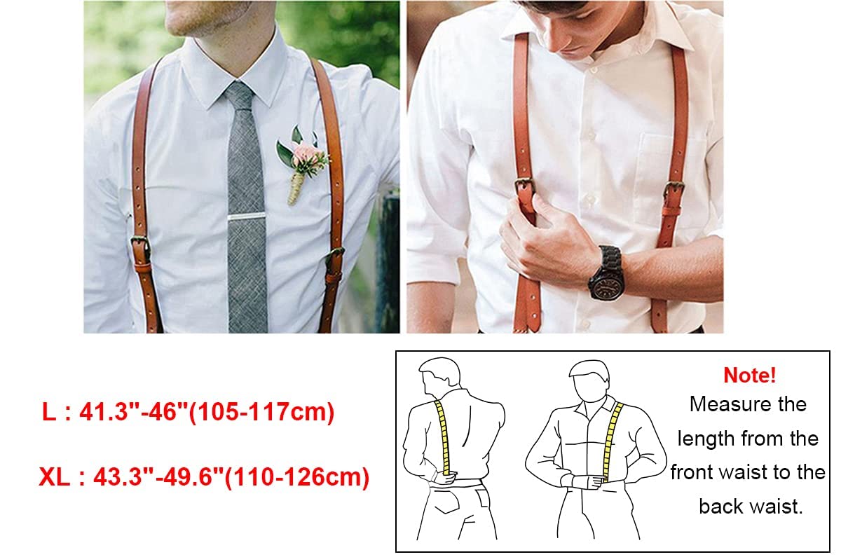 RC ROCKCOW Leather Suspenders for Men Y Back Design Adjustable Suspender with 3 Metal Snap Hooks Groomsmen Gift Wedding Brown