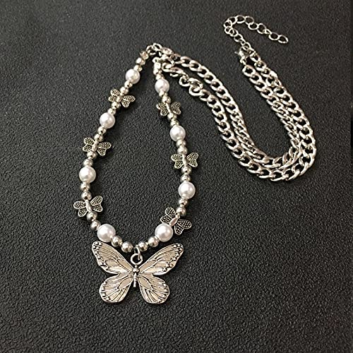 Grunge Butterfly Pearl Necklace Heavy Gothic Cyber Y2k Harajuku Necklace for Women Men