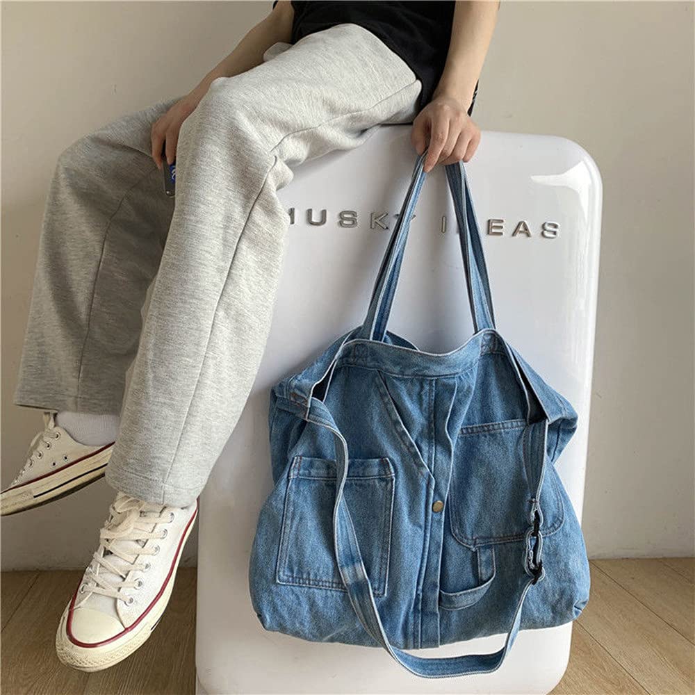 Large-capacity canvas bag women's diagonal denim Korean style large bag cloth bag student shoulder bag (Light blue)