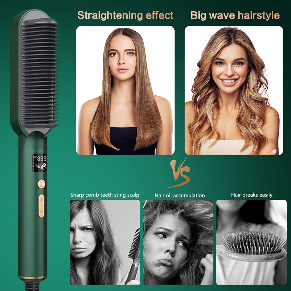 Hair Straightener Brush, Ionic Straightening Brush, Ceramic Hot Comb with LED Display, Anion Generator, 3 Heat Levels, Anti Scald, Fast Heating & Auto Off Safe for Home, Travel and Salon (Green)