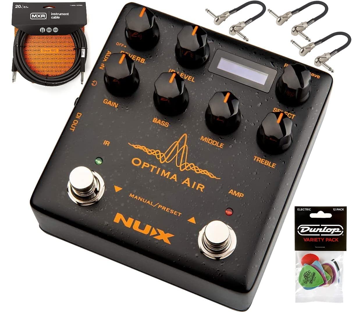 NUX Optima Air Acoustic Guitar Simulator Bundle with 3 MXR Patch Cables, 20ft MXR Instrument Cable, and Dunlop PVP113 Pick Pack