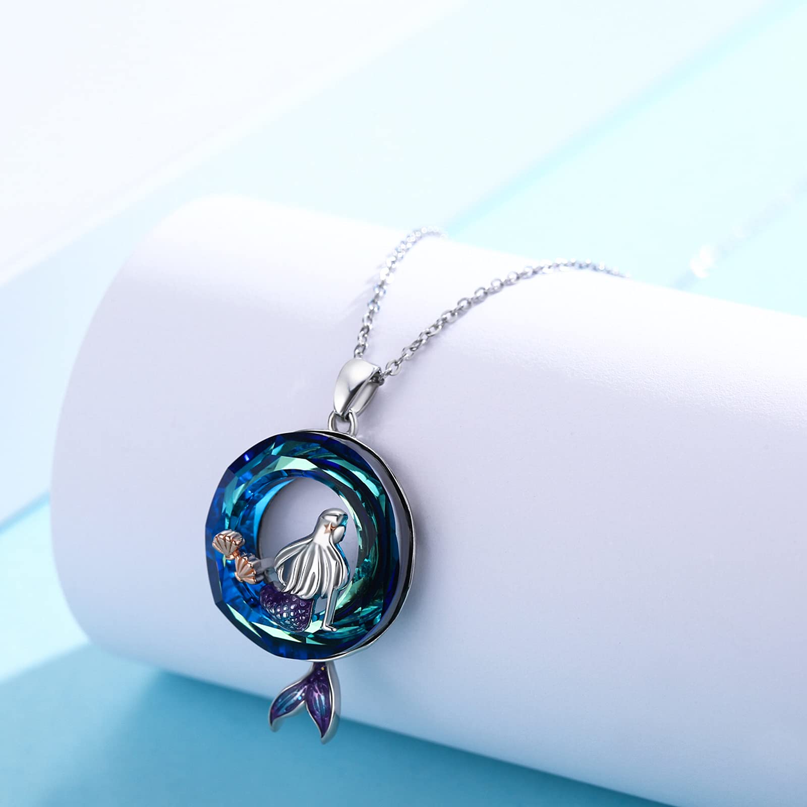 AOVEAO Mermaid Necklaces for Women Sterling Silver with Blue Circle Crystal Pendant Necklace Mermaid Starfish Choker Dainty Nautical Jewelry Gift For Friend