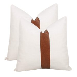 cygnus set of 2 white linen patchwork faux leather throw pillow covers for couch living room bedroom, modern accent decorative square cushion covers 20x20 inch (white, 20x20 inch)