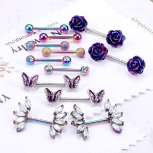 Vsnnsns 14G Nipple Rings for Women Stainless Steel Butterfly Nipple Rings Flower Nipple Piercing Jewelry CZ Nipple Rings Surgical Steel Nipple Jewelry Barbell Body Piercing Jewelry Rainbow