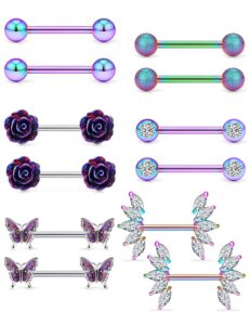 vsnnsns 14g nipple rings for women stainless steel butterfly nipple rings flower nipple piercing jewelry cz nipple rings surgical steel nipple jewelry barbell body piercing jewelry rainbow