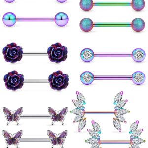 Vsnnsns 14G Nipple Rings for Women Stainless Steel Butterfly Nipple Rings Flower Nipple Piercing Jewelry CZ Nipple Rings Surgical Steel Nipple Jewelry Barbell Body Piercing Jewelry Rainbow