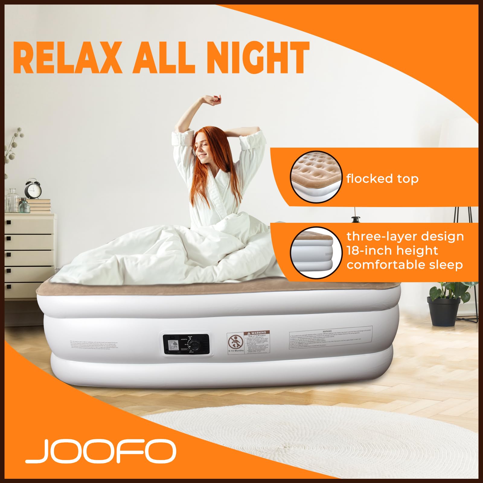 JOOFO Queen Air Mattress with Built-in Pump,Double Height 18-inch Inflatable Bed for Camping,Home and Travel-Queen Size