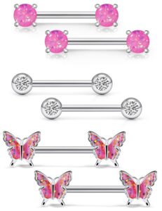 vsnnsns 14g nipple rings for women stainless steel butterfly nipple rings opal nipple piercing jewelry straight bar nipple rings surgical steel nipple jewelry barbell body piercing jewelry pink