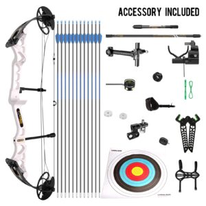 Sanlida Hero X8 Junior Professional- Grade Standard Target Compound Bow and Arrow Kit with Target Accessories for Competition for Juniors, Youths, Ladies/Limited Life-time Warranty/White/7-35Lbs