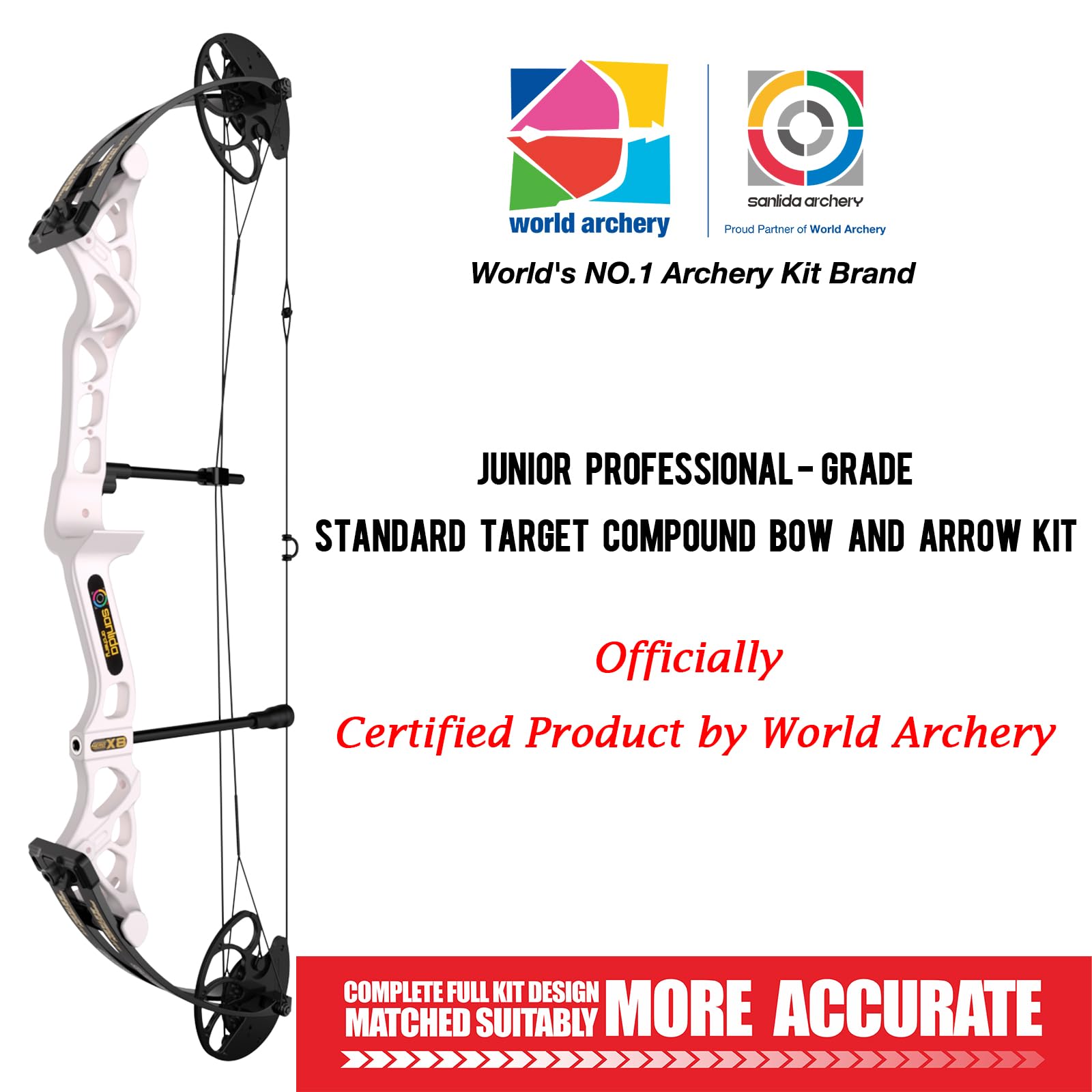 Sanlida Hero X8 Junior Professional- Grade Standard Target Compound Bow and Arrow Kit with Target Accessories for Competition for Juniors, Youths, Ladies/Limited Life-time Warranty/White/7-35Lbs