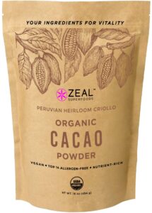 zeal superfoods organic cacao powder - raw, heirloom criollo, top 8 allergen-free, cold-pressed, unsweetened, non-alkalized, vegan, gluten-free, keto, paleo, kosher, nutrient-rich superfood - cocoa powder substitute - 16 oz (1 lb)