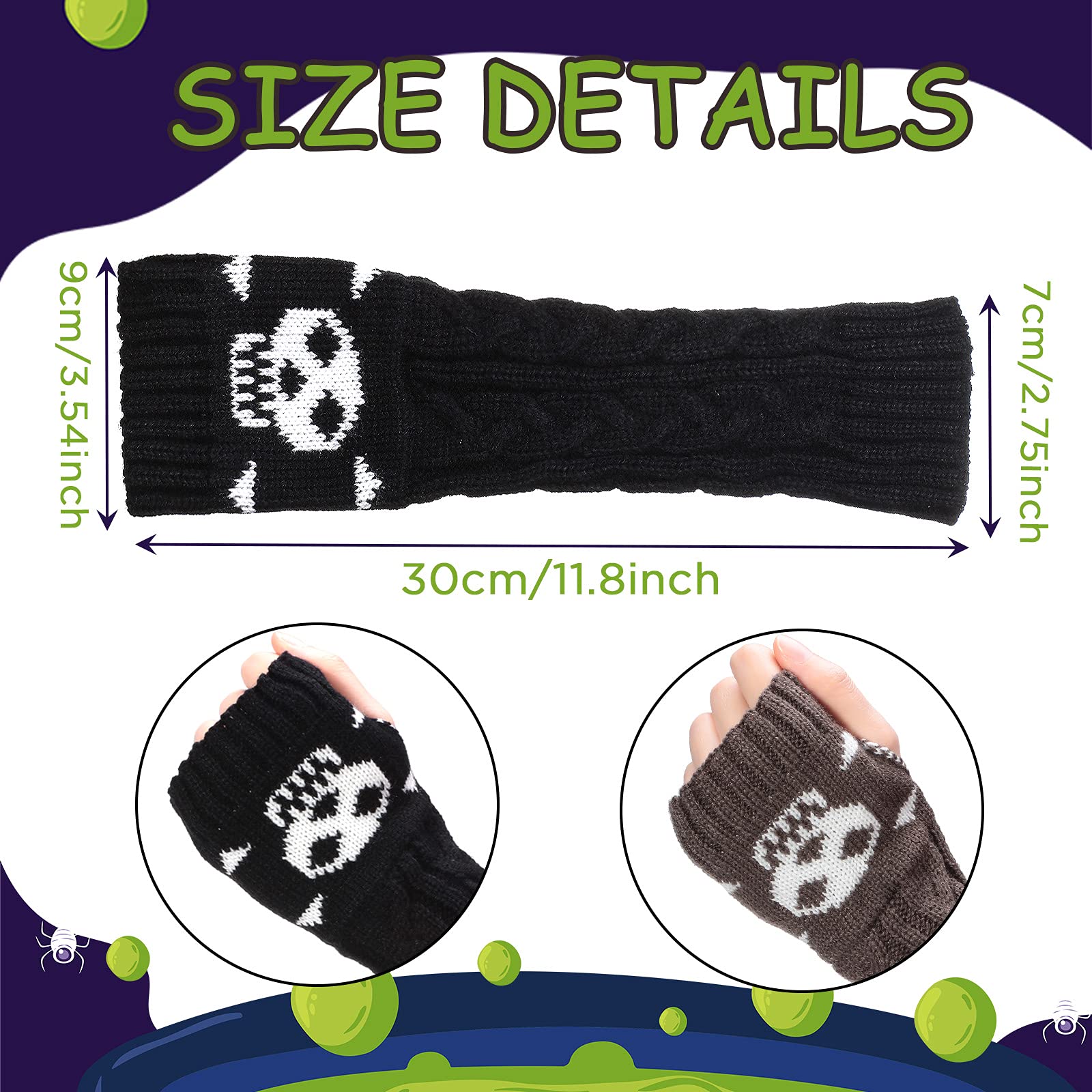 SATINIOR 2 Pairs Women's Cable Knit Arm Warmers Fingerless Gloves Thumb Hole Mittens Crossbones Skull Jacquard Knit Gloves Mittens Punk Long Arm Warmers with Thumb Hole