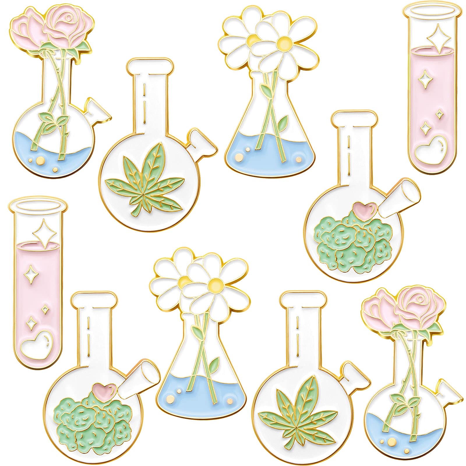 10 Pieces Pin Brooches Cute Floral Kawaii Pins Flask Test Tube Backpack Pins Aesthetic Spring Flower Plant Pins Set for Jackets Lapel Scientist Pins for Backpacks Clothes Caps Bags