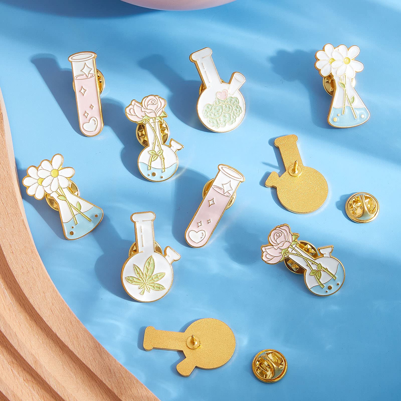 10 Pieces Pin Brooches Cute Floral Kawaii Pins Flask Test Tube Backpack Pins Aesthetic Spring Flower Plant Pins Set for Jackets Lapel Scientist Pins for Backpacks Clothes Caps Bags